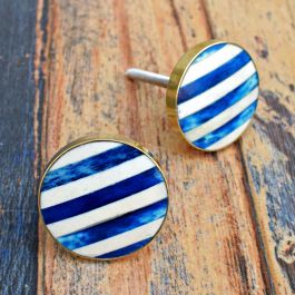 Round White Blue Striped Bone Inlay Brass Cabinet Knob