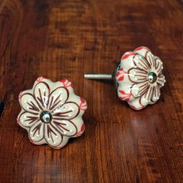 Red & White Embossed Windflower Ceramic Knob