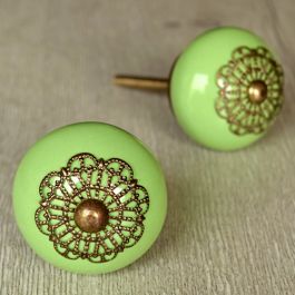 Antique Floral Filigree Green Ceramic Drawer Knob